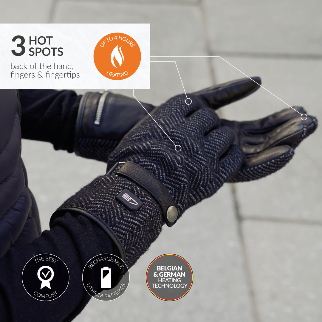 Heated hybrid leather gloves Black grey 30seven